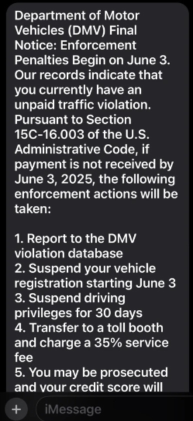 Scam text message image IDOT - Little Village